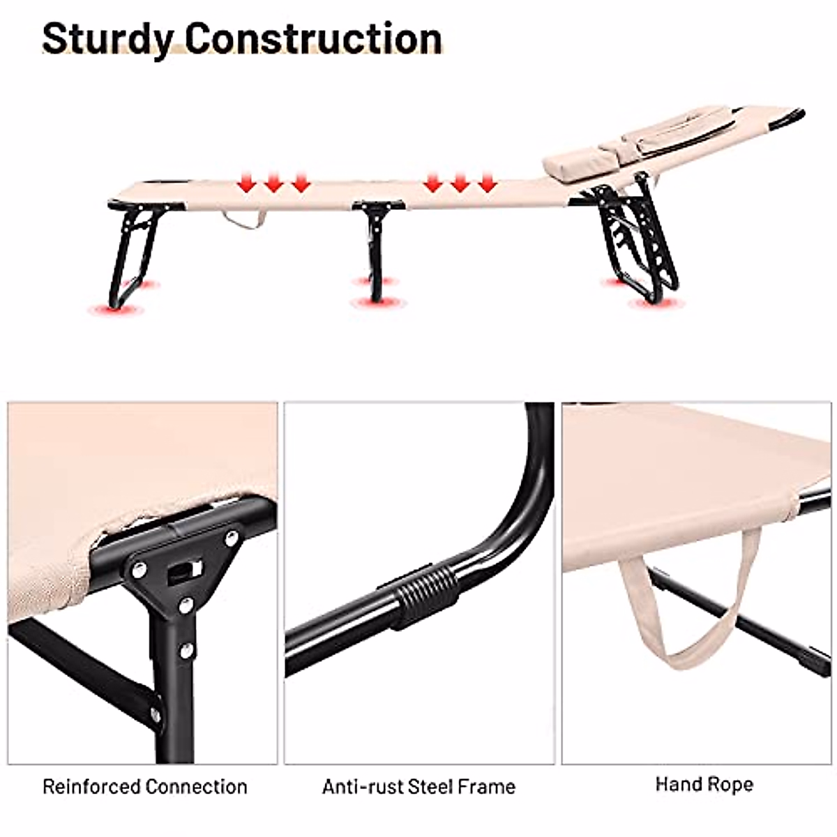 Giantex Outdoor Chaise Lounge Chair - Folding Beach Chair with 5 Adjustable Positions, Hole, Detachable Pillow, Hand Ropes, Lounger for Sunbathing, Poolside, Yard, Patio Lawn Chair (1, Beige)