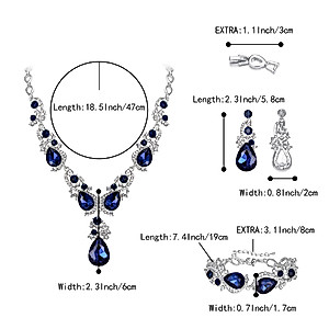 BriLove Wedding Bridal Jewelry for Women Multi Teardrop Cluster Crystal Statement Necklace Dangle Earrings Link Bracelet Set Navy Blue Sapphire Color Silver-Tone