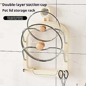 Pot Lid Holder,Suction cup Pot Lid Holder for Cabinet,No Drilling Adhesive Door Wall Mount Cabinet Organizer,Upgrade Multifunctional Pot Lid Organizer for Stovetop Spoon Rest Pot Lids Holder (Beige)