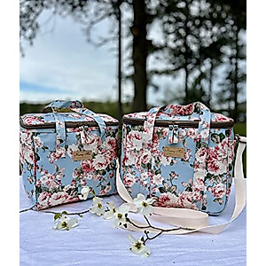 Kwang Min Floral Insulated Lunch Bag for Women,Reusable Lunch Box,Large Cooler for School,Office,Picnic Outdoors,Premium Waterproof Fabric,Ideal Gift for Girls/Adults (Peony Blue)