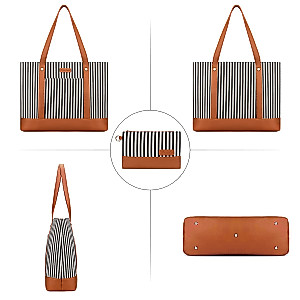 Laptop Tote Bag for Women, Water Resistant Canvas Womens Work Tote Bag, Large Capacity Shoulder Bag Fits 15.6 inches Laptop (Black and Brown)