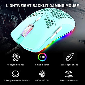 Gaming Keyboard and Mouse,3 in 1 Blue LED Backlit Wired Mechanical Keyboard Black Switch,RGB 6400 DPI Lightweight Gaming Mouse with Honeycomb Shell,Gaming Mouse Pad for PC Gamers(Macaron Green)