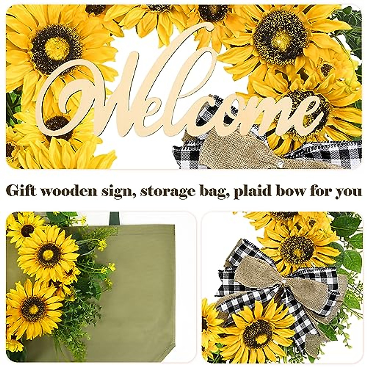 Waipfaru Sunflower Wreaths for Front Door, 20'' Sunflower Door Wreath with Welcome Sign and Bow, Spring Summer Wreath for Farmhouse Front Porch Patio Window Decor
