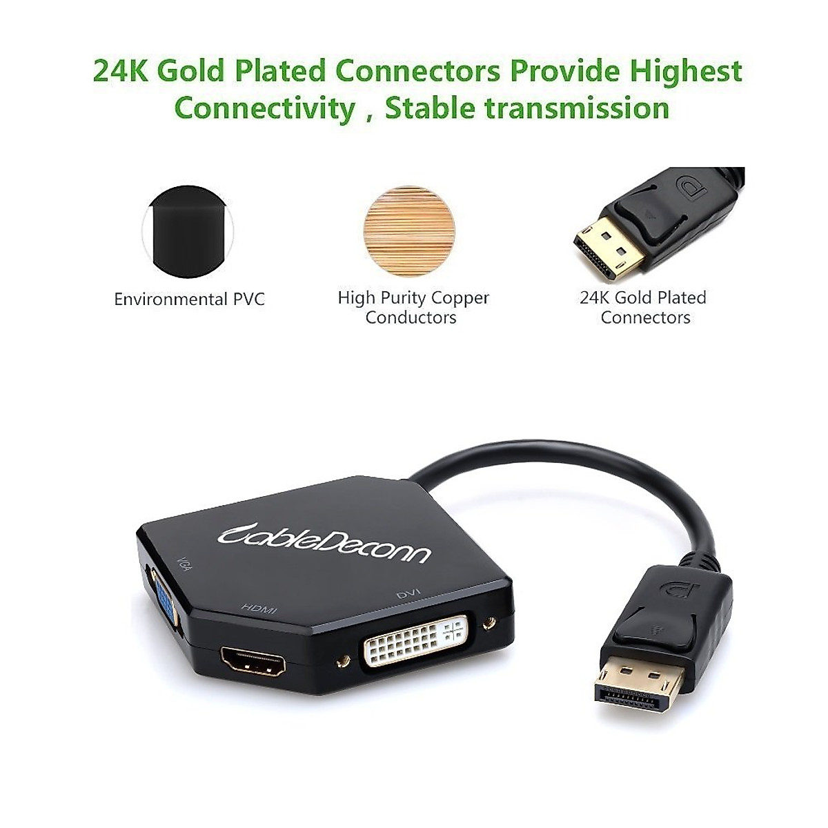 CABLEDECONN Multi-Function Big DisplayPort DP2 to HDMI VGA DVI Cable Converter Adapter