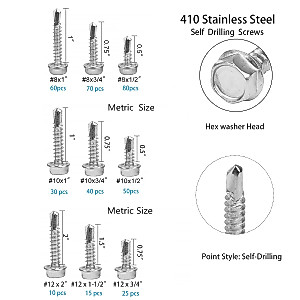 410 Stainless Steel Self Tapping TEK Screws Assortment,#8#10#12 Hex Head Self Drilling Screws for Metal