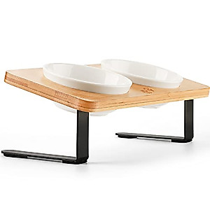 Ceramic Elevated Cat Bowls, 15° Tilted Raised Cat Food Bowls for Food and Water, Indoor Cat Dishes with Bamboo Stand Anti Vomiting for Cats and Puppy, Pet Bowl Set with Anti Slip Feet, Dishwasher Safe