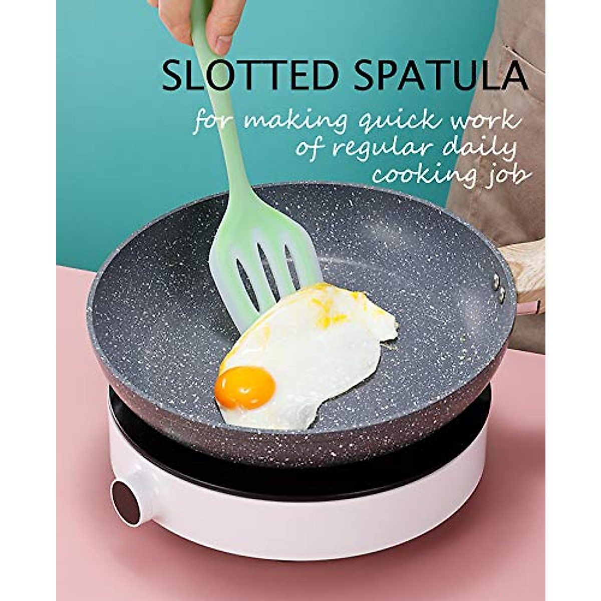 3 Pieces Silicone Spatula Turner Set - Nonstick Pancake Egg Flipper Heat Resistant 480℉- Kitchen Wok Turner, Large Wide Fish Spatula & Slotted Spatula, Cooking Utensils for Burger Omelets, Green