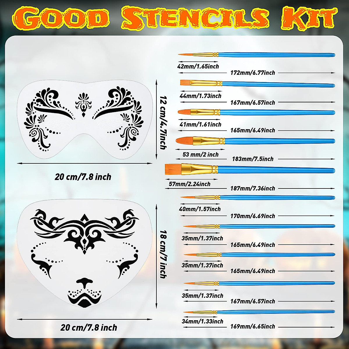 40 Pieces Halloween Face Stencils Kit 12 Pieces Reusable Large Face Paint Stencils Body Painting Template 18 Pieces Halloween Tattoo Stencils 10 Pieces Painting Brushes for Kid Adult Halloween Party