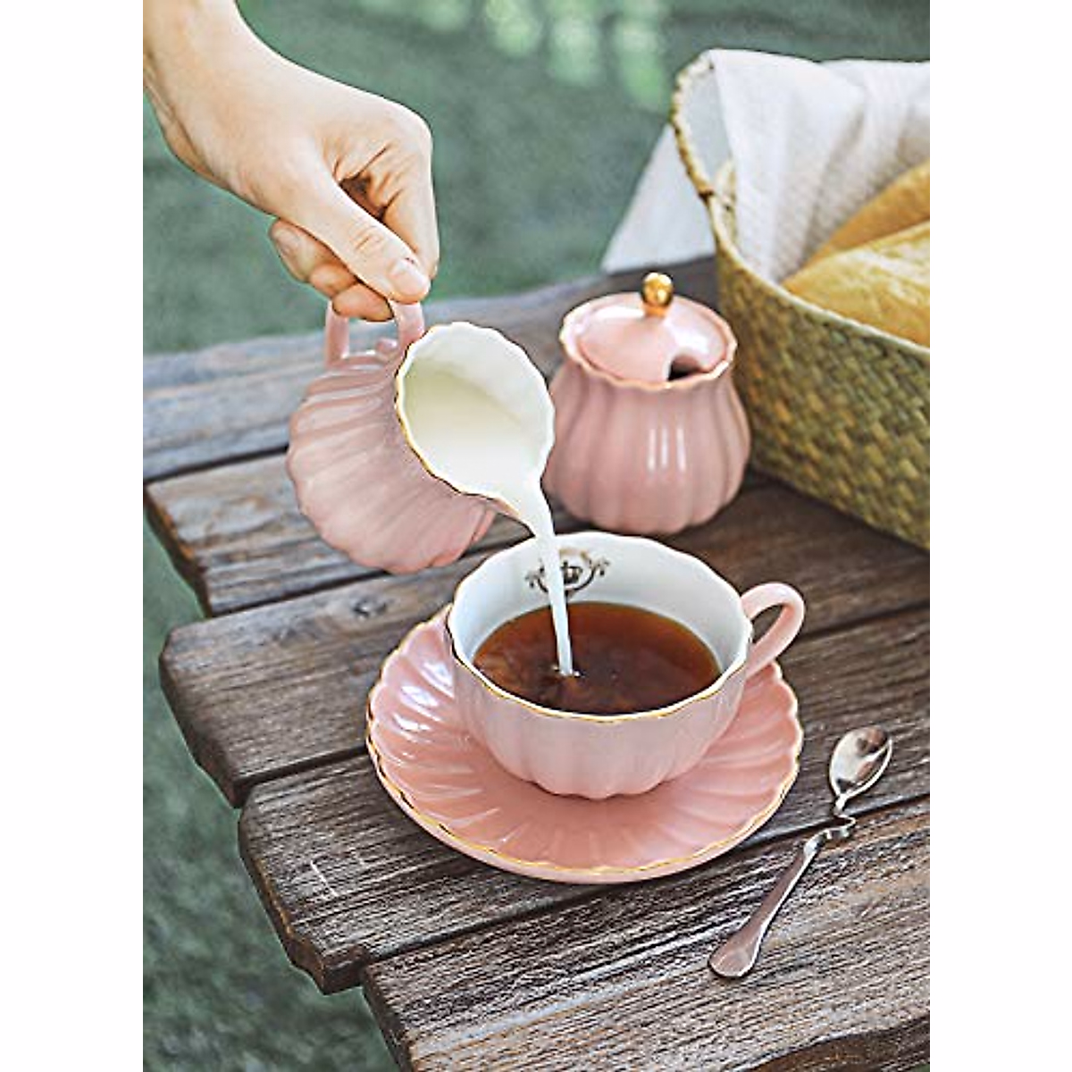 Amazingware Porcelain Tea Set - Tea Cup and Saucer Set Service for 6, with 28 oz Teapot Sugar Bowl Cream Pitcher Teaspoons and Tea Strainer - for Thanksgiving - Pumpkin Fluted Shape, Pink