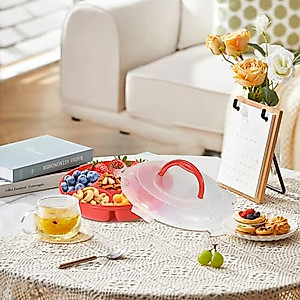 FEOOWV 78oz Food Storage Container With Dividers-Halloween Candy Tray with Lid and Handle 6 Compartments for Party Platter,Vegetable Relish Fruit Tray,Snackle box (Red)