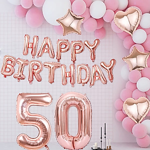 Rose Gold Happy Birthday Balloons Banner, 50th Birthday Decorations 16 Inch Mylar Foil Letters Sign Balloons Banner for Fifty Year Old Birthday Party Supplies (50th)