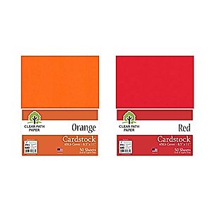 Bundle - 2 Cardstock Items - Red - 8.5 x 11 inch - 65Lb Cover; Orange - 8.5 x 11 inch - 65Lb Cover - 100 Sheets Total - Clear Path Paper