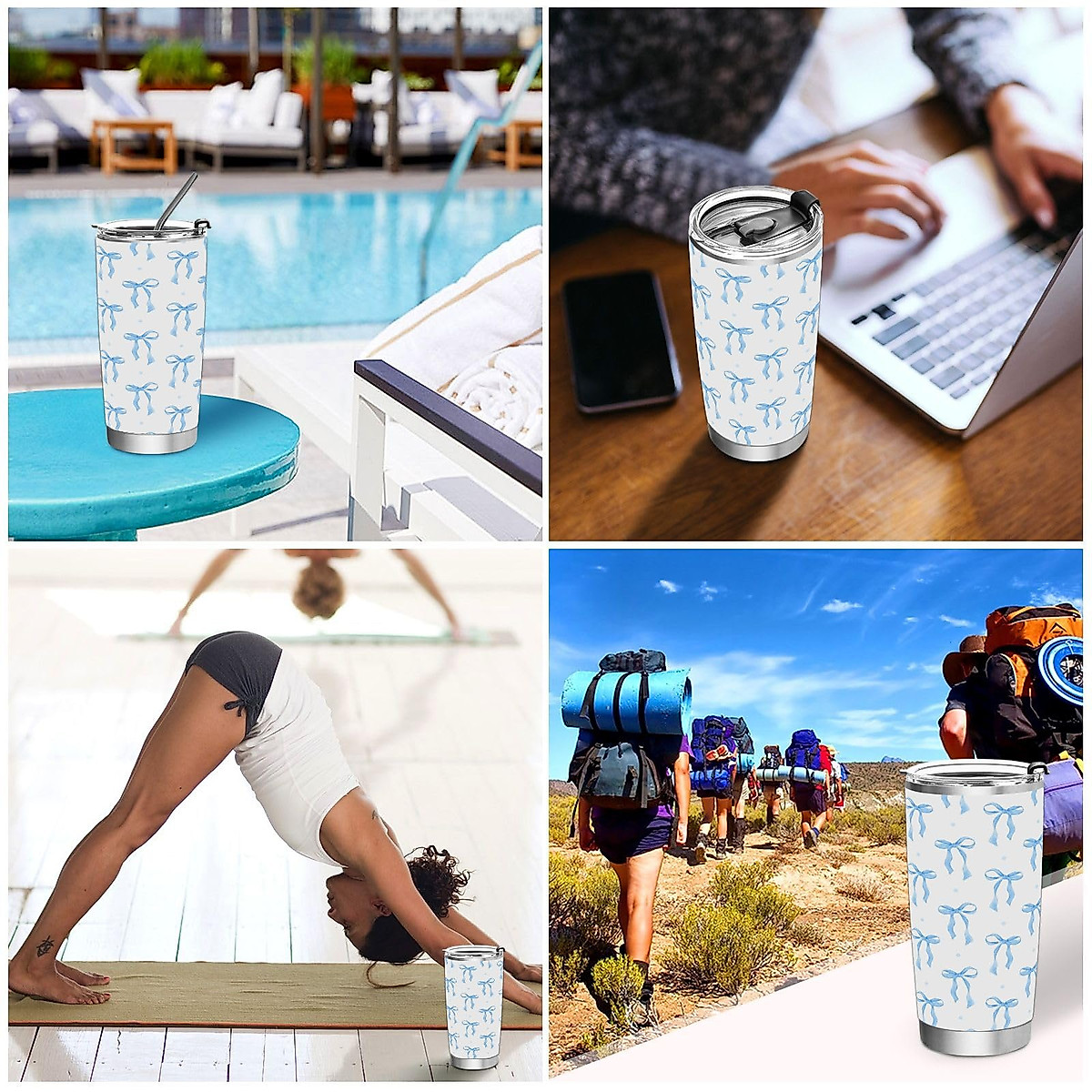 Blueangle 20oz Tumbler with Lid and Straw, Stainless Steel Vacuum Insulated Water Coffee Tumbler Cup, Blue Ribbon Bow Travel Mug Thermal Cup for Hot and Cold Drinks（974）