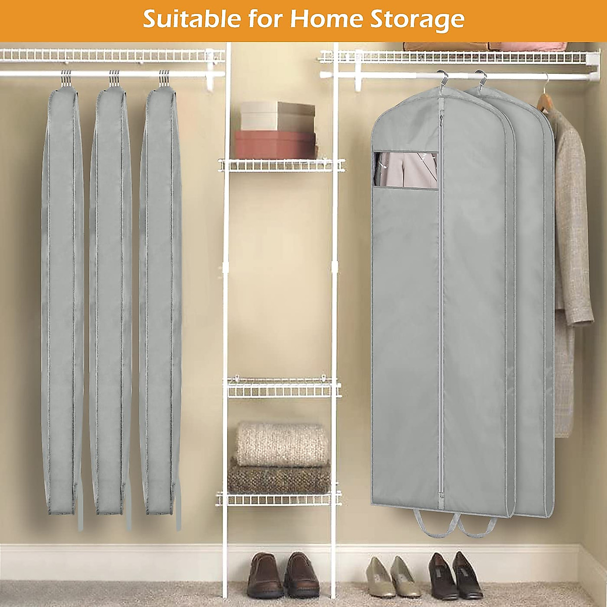 MISSLO 65" Long Garment Bags for Travel Dress Bags Wedding Dress Cover Waterproof Clothing Bags Storage Traveling Clothes Protector for Closet Wardrobe Bags 2 Packs for Gowns, Tuxedos, Coats, Gray