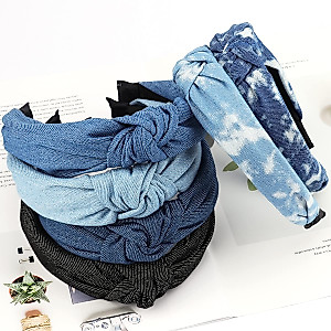 TOBATOBA Denim Wide No-Slip Fashion Boho Turban Elastic Headbands - Blue Jean Knotted Top Knot Headbands for Women and Girls