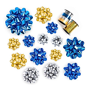 WRAPAHOLIC 16 Pcs Gift Bows Assortment - 14 Multi Colored Assorted Size Gift Bows (Holographic Royal Blue and Silver) and 2 Crimped Curling Ribbons for Christmas, Holiday, Party
