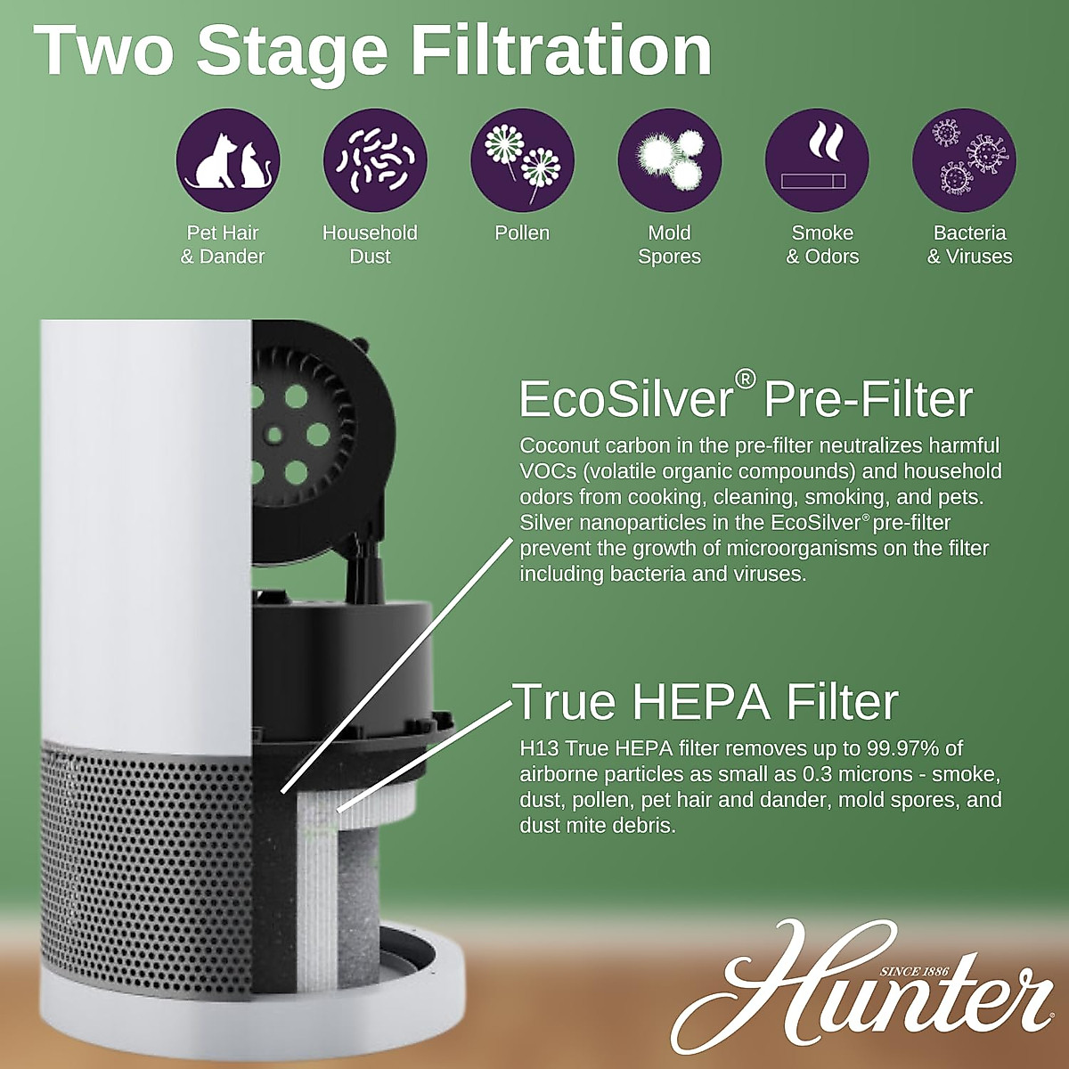 Hunter Fan Company HP400 Round Tower Air Purifier for Small Rooms, Featuring True HEPA Filtration and EcoSilver® Pre-Filter for Allergy and Asthma Relief, White and Silver