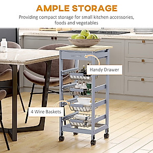 HOMCOM Mobile Kitchen Cart, Rolling Kitchen Island with Storage, Solid Wood Frame Utility Cart with Wire Fruit Baskets and Drawer, Gray