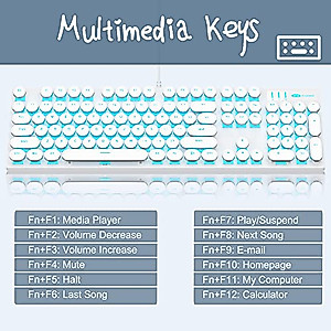 Camiysn Typewriter Style Mechanical Gaming Keyboard, White Retro Punk Gaming Keyboard with Blue Backlit, 104 Keys Blue Switch Wired Cute Keyboard, Round Keycaps for Windows/Mac/PC