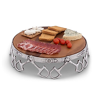 Arthur Court Aluminum Alloy Equestrian D-Ring Pattern Pedestal Cheese/Cake Stand with Removable Acacia Board 13 Inch Diameter