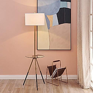 Teamson Home Modern Reading Tripod Floor Lamp Standing Light with USB Port and Glass Table White Shade Black Finish