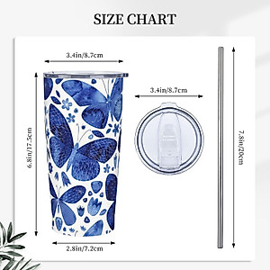 EVANEM 20 Oz Stainless Steel Tumbler With Straw Cleaner Blue Butterflies Printed Insulated Cup Travel Coffee Mug Vacuum Insulated Tumblers For Home Office