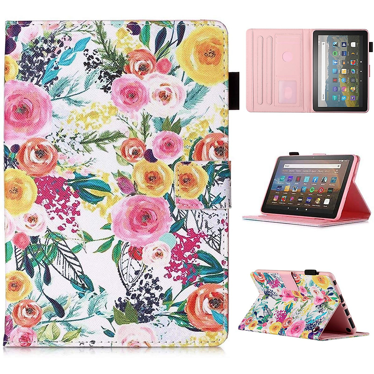 MonsDirect for Amazon Kindle Fire HD 8 & 8 Plus Case (12th/10th Generation 2024/2022/2020 Release), PU Leather Stand Cover, Auto Wake/Sleep with Pen Holder for Fire HD 8/8 Plus 2024/2022/2020, Rose