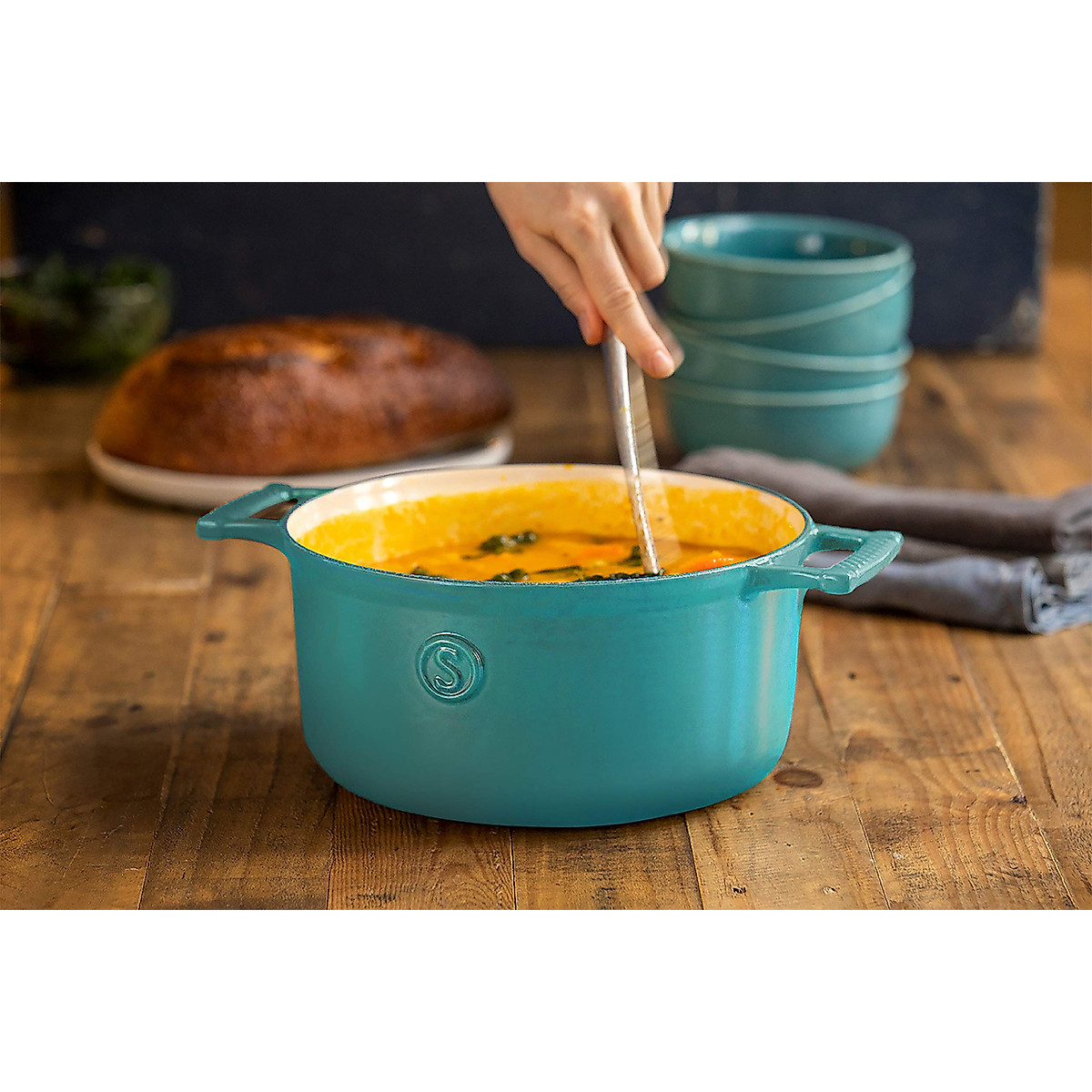SAVEUR SELECTS Enameled Cast Iron Casserole, 5-Quart Dutch Oven with Double-walled Stainless Steel Lid, Saveur Blue, Voyage Series