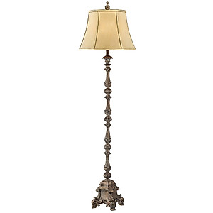 Regency Hill Rustic French Country Traditional Style Floor Lamp Standing 62" Tall Faux Wood Antique Candlestick Beige Silk Fabric Bell Shade Decor for Living Room Reading House Bedroom Home
