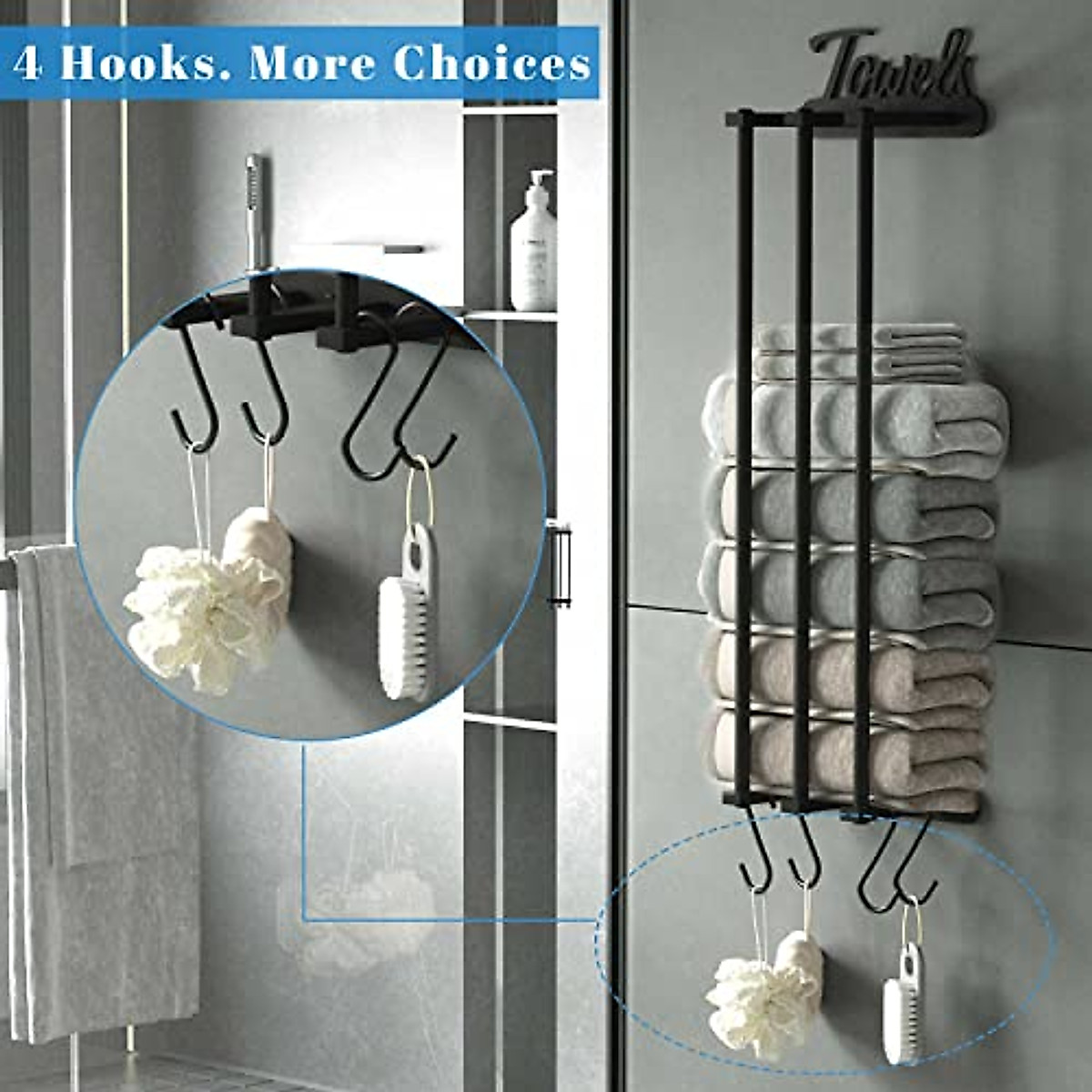 Wall Mounted Towel Rack for Rolled Towels, Upgrade 3 Bar Towel Storage Rack for Bathroom, BUDO Organizer for Folded Large Towel, Washcloths, Hand Towels(Black)