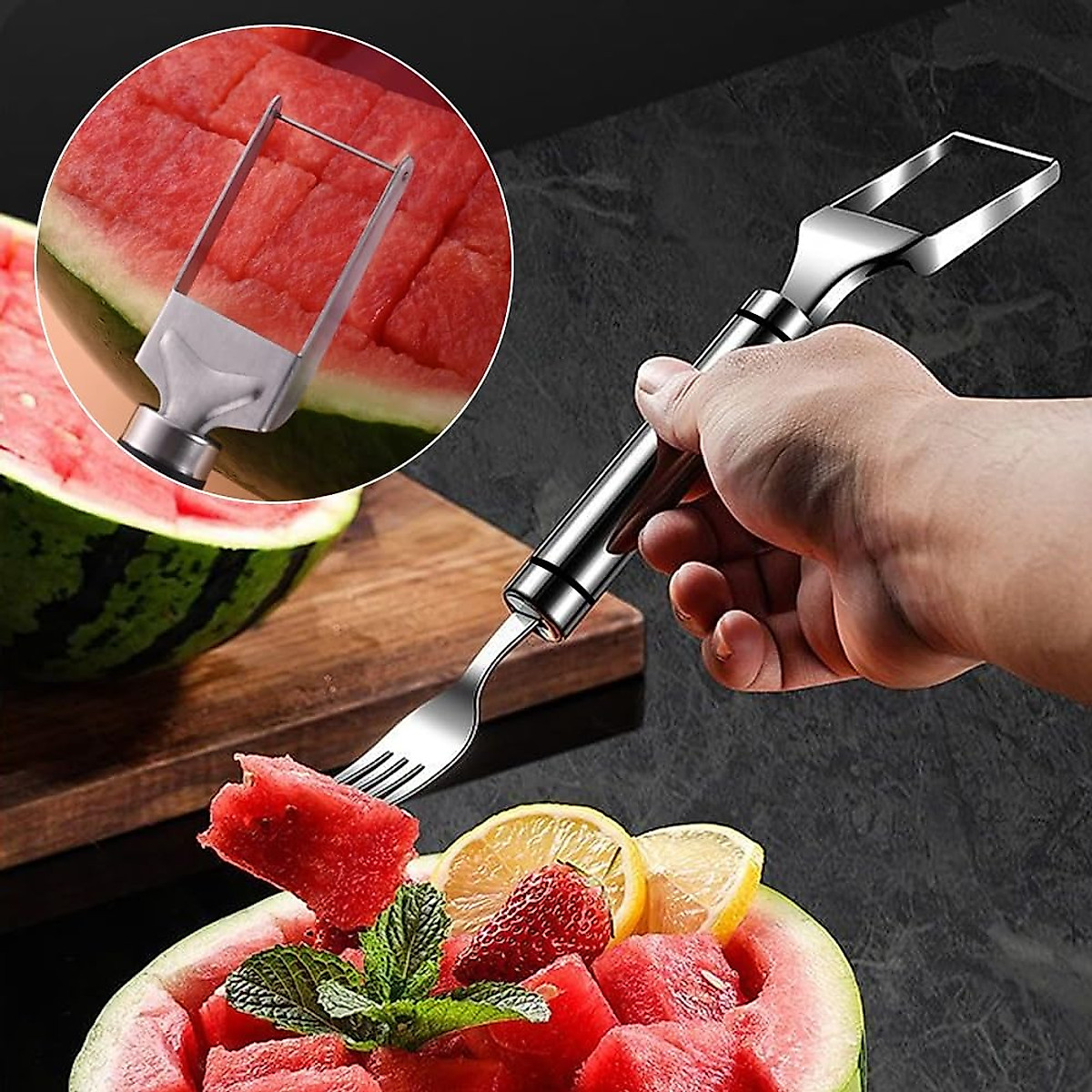 2-in-1 Stainless Steel Fruit Cutter，2024 New Upgrade Watermelon Fork Slicer Cutter Slicer Tool，Portable Watermelon Fork Watermelon Cutter Slicer Tool Fruit Forks Slicer for Home Party Camping Kitchen