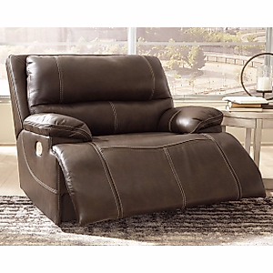 Signature Design by Ashley Ricmen Leather Adjustable Oversized Power Recliner with USB Charging, Dark Brown