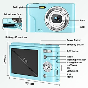Digital Camera with LCD Screen, Full HD 1080P 36.0 Mega Pixels Vlogging Camera for Teens, Kids Boys and Girls, Digital Vlogging Camera with 16X Digital Zoom, 2 Batteries