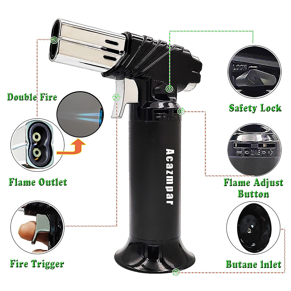 Double flame Butane Torch Without Butane Fuel, Refillable Kitchen Torch Lighter, Cooking Torch with Safety Lock Adjustable Flame, BBQ Baking Tools for Desserts Creme Brulee, diy soldering and camping