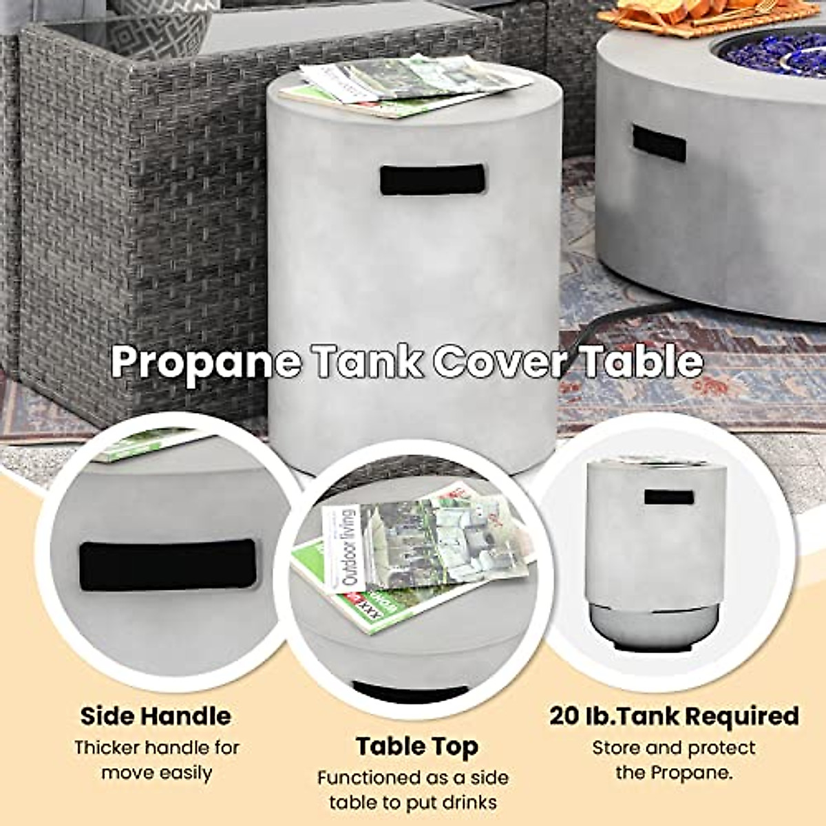 SUNSITT Outdoor 36’’ Propane Fire Pit with Tank Table 50,000 BTU Round Patio Propane Firepit Table with Tank Holder, Pit Cover, Metal Lid & Fire Glass, Grey Finish