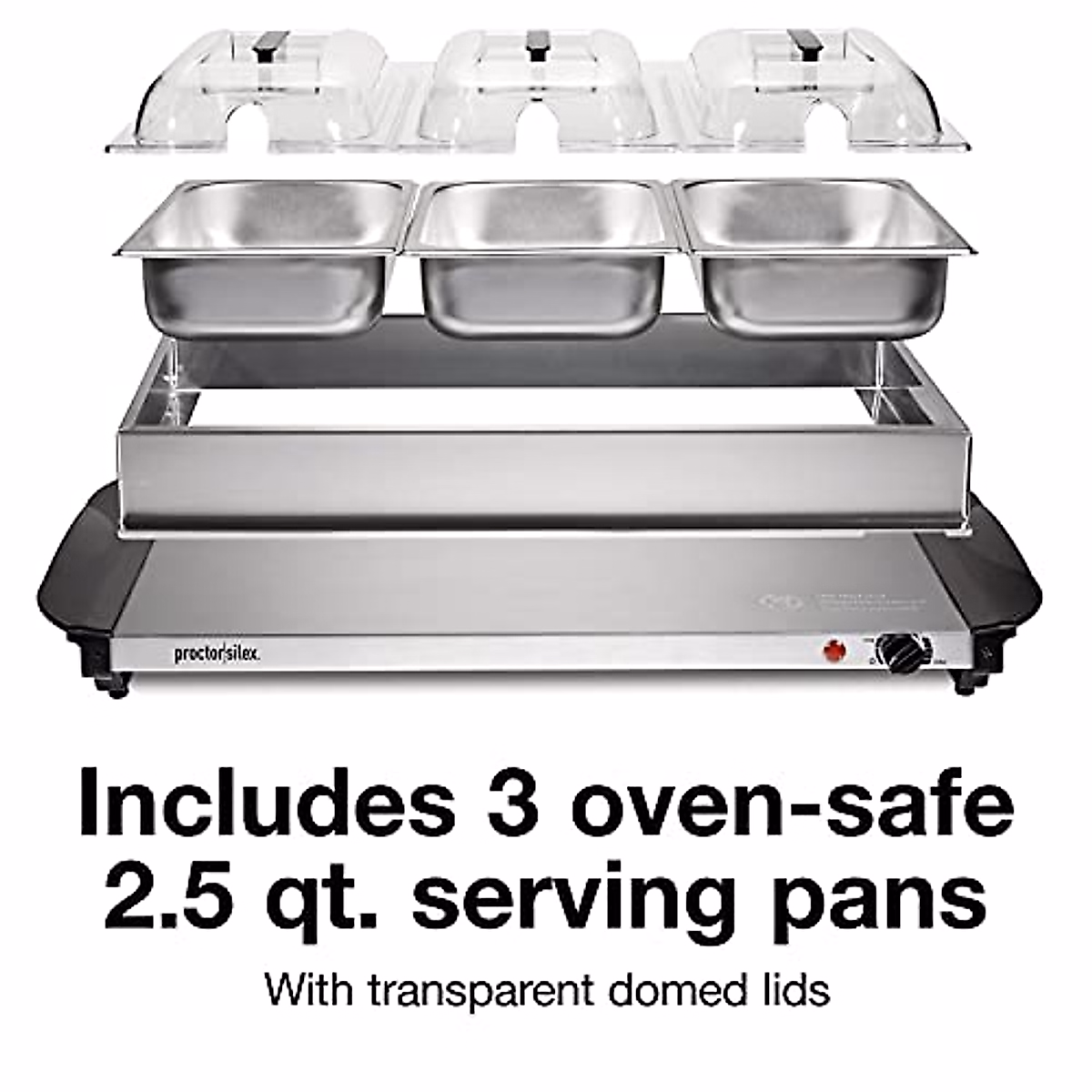 Proctor-Silex Buffet Server & Food Warmer, Adjustable Heat, for Parties, Holidays and Entertaining, Three 2.5 Quart Oven-Safe Chafing Dish Set, Stainless Steel