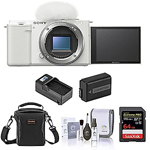 Sony ZV-E10 Mirrorless Camera Body, White Bundle with 64GB SD Card, Shoulder Bag, Battery, Charger, Cleaning Kit