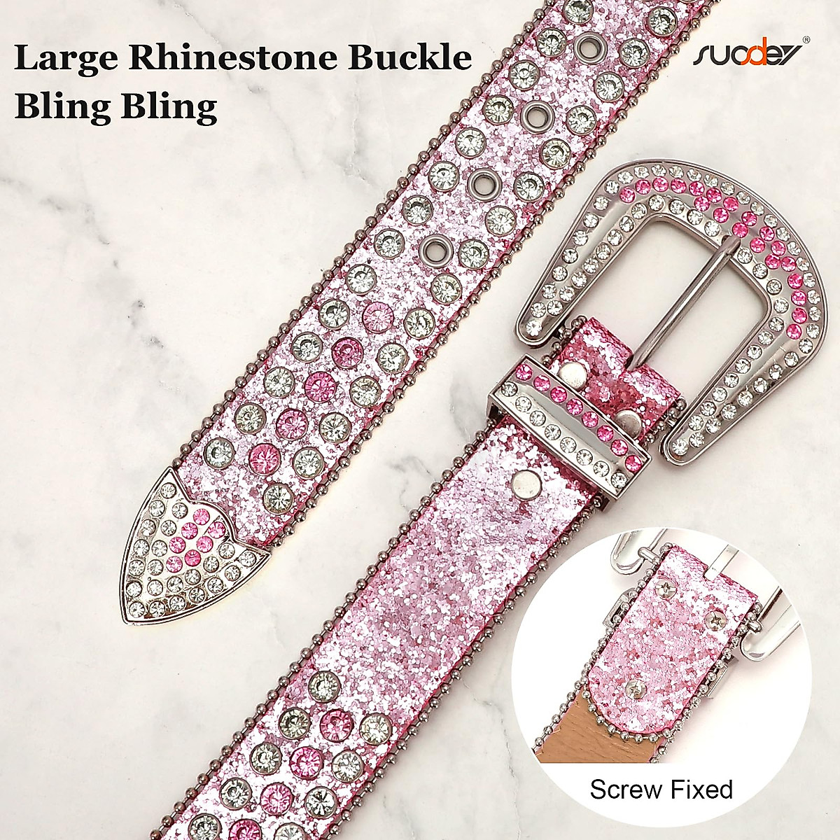SUOSDEY Men Women Fashion Rhinestone Belt Western Cowgirl Bling Studded Design Leather Diamond Belt for Jeans Dress