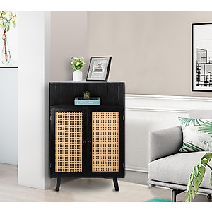 ZYBT Rattan Corner Storage Cabinet, 4-Tier Cabinet with 2 Rattan Doors, Small Wood Corner Table Bar Cabinet, Small Space Freestanding Corner Shelf Stand for Living Room, Bedroom, Kitchen (Black)