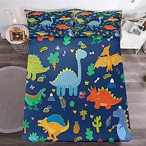 Dinosaur Sheet Set Twin - 3Pcs Boys Dinosaur Twin Size Bedding Set Blue Cartoon Dinosaur Bed Sheet with 1 Fitted Sheet & 1 Flat Sheet + 1 Pillowcase Toddler Bed Sheets for Boys Kids Bedroom Set