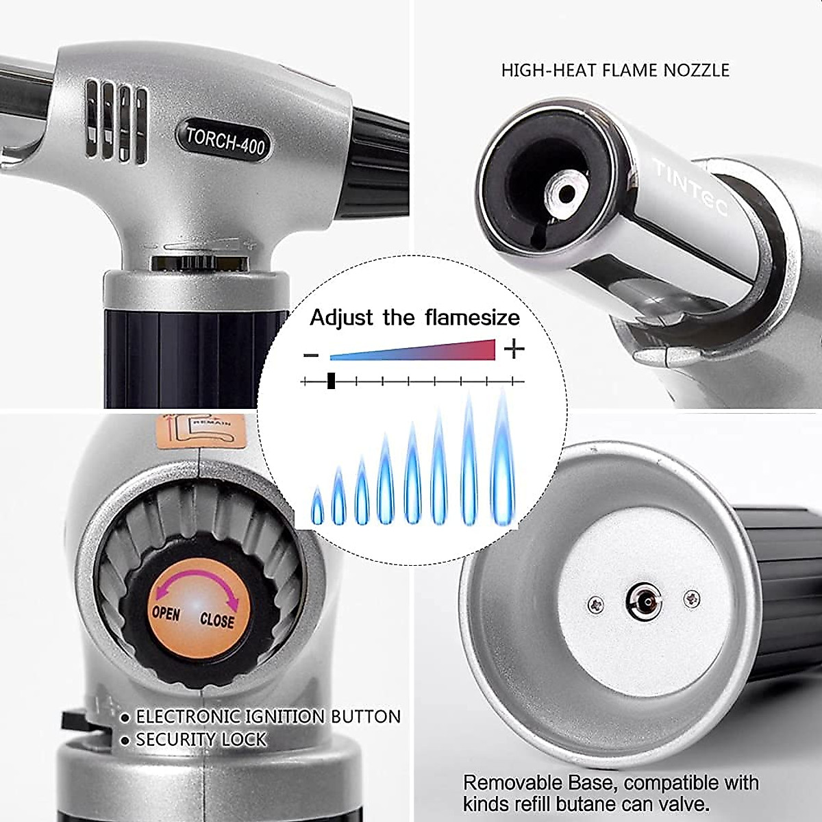 Culinary Blow Torch, Tintec Chef Cooking Torch Lighter, Butane Refillable, Flame Adjustable (MAX 2500°F) with Safety Lock for Cooking, BBQ, Baking, Brulee, Creme, DIY Soldering & more (Aluminum alloy)