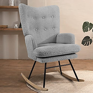 Waleaf Rocking Chair Nursery Chair Teddy Upholstered Glider Rocker Rocking Accent Chair Padded Seat with High Backrest Armchair Bedroom Chair Comfy Chair (Grey)…
