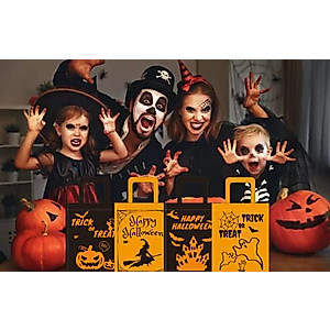 Crethinkaty 12 Packs Halloween Trick or Treat Non-woven Tote Bags, Pumpkin Spider Bat Witch Haunted House Reusable Goodie Treat Bags with Handle for Halloween Party Favors for Kids - 12*10IN