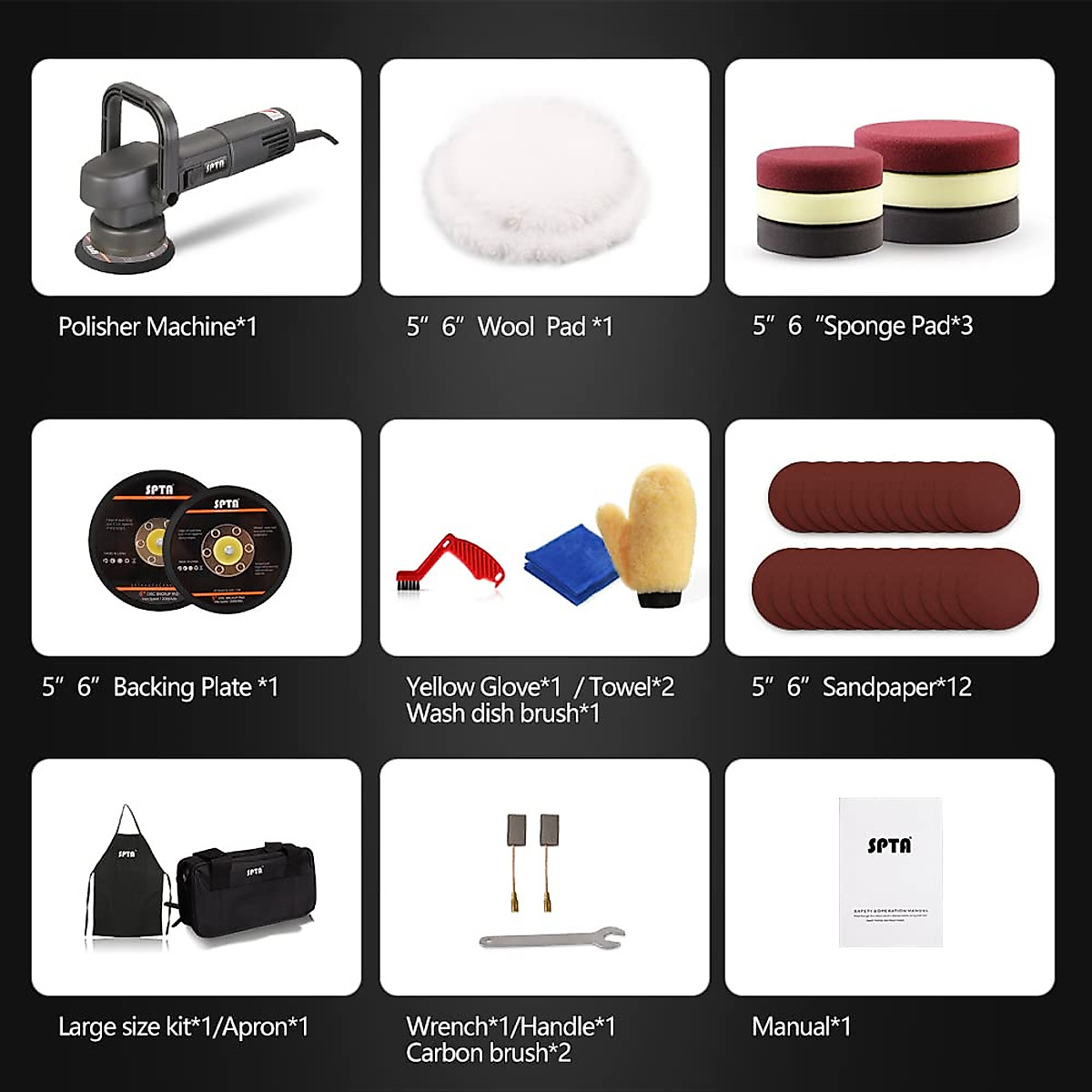 SPTA Buffer Polisher, 780W 5Inch & 6Inch Dual Action Random Orbital Car Polisher, 41Pc Car Detailing Kit with Polishing Pads, Sanding Papers, Wool Pads, Tool Bag for Car Polishing and Waxing -DA501-US