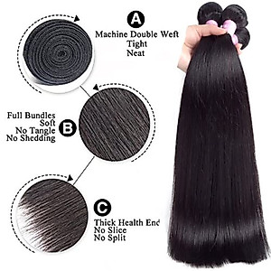 Abbily Straight Human Hair Bundles 16 18 20 Inch-10A Brazilian Virgin 3 100% Unprocessed Natural Black Color