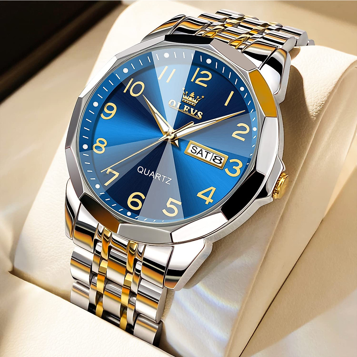 OLEVS Blue Watch for Men Luxury Dress Analog Quartz Silver Stainless Steel Waterproof Luminous Date Diamond Business Two Tone Casual Wrist Watch
