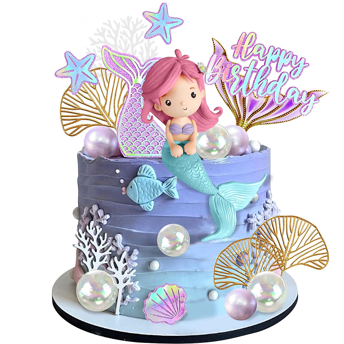 DRWATE Mermaid Cake Toppers with 3D Mermaid Shell Starfish Fishtail Balls for Kids Girls Birthday Party Baby Shower Supplies (Style1)