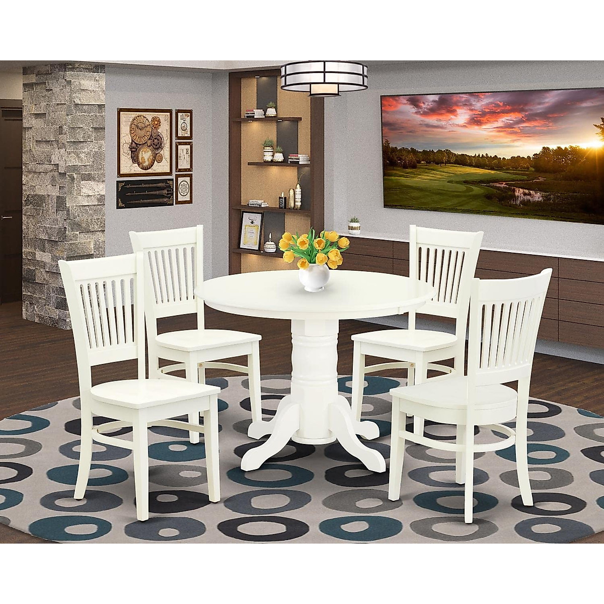 East West Furniture SHVA5-LWH-W 5 Piece Kitchen Table & Chairs Set Includes a Round Dining Room Table with Pedestal and 4 Solid Wood Seat Chairs, 42x42 Inch, Linen White