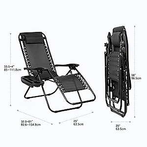 Nazhura Set of 2 Relaxing Recliners Patio Chairs Adjustable Steel Mesh Zero Gravity Lounge Chair Beach Chairs with Pillow and Cup Holder Black
