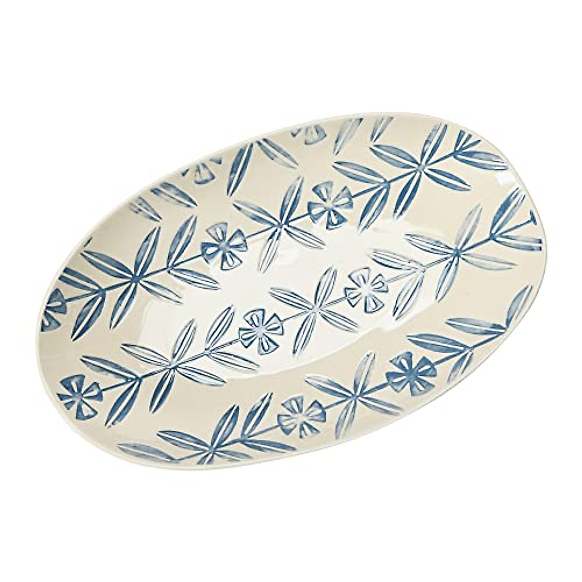 Creative Co-Op Hand-Painted and Debossed Stoneware Platter Serving Tray Serveware, 12.25", Blue & White